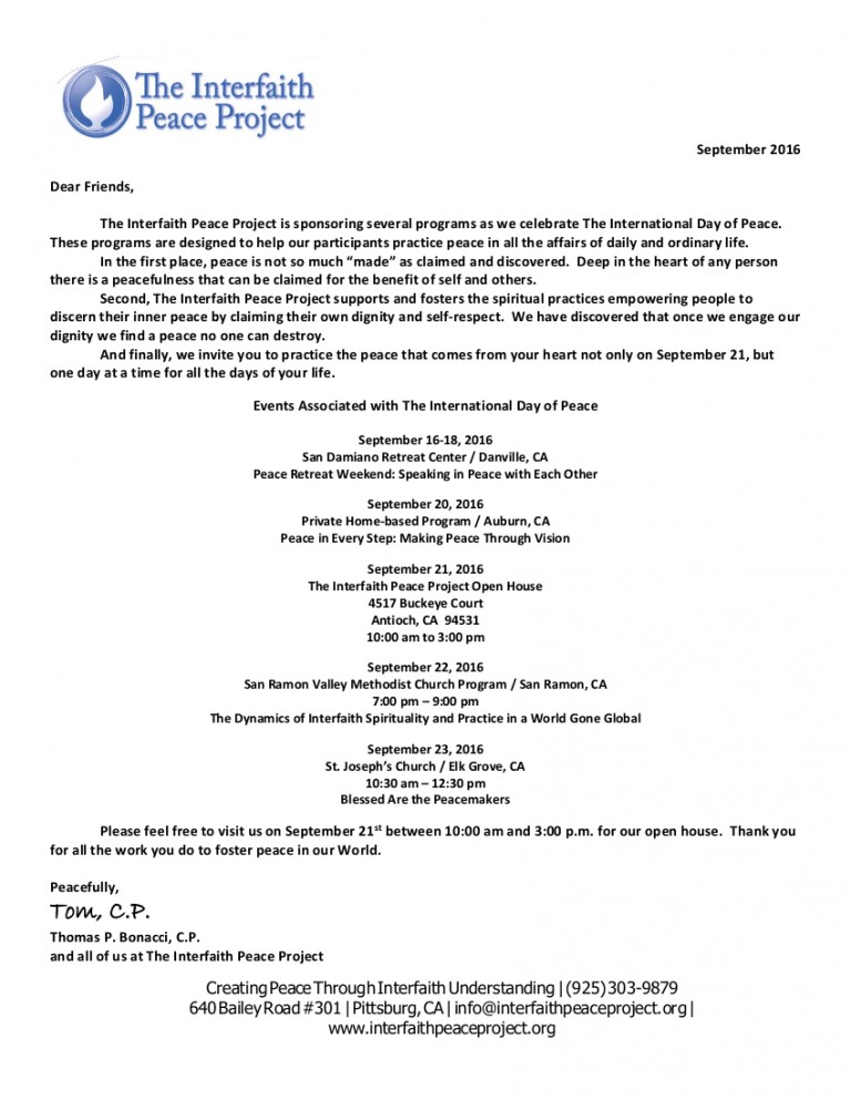 Thomas P. Bonacci, C.P. International Day of Peace Letter 2016 | The ...